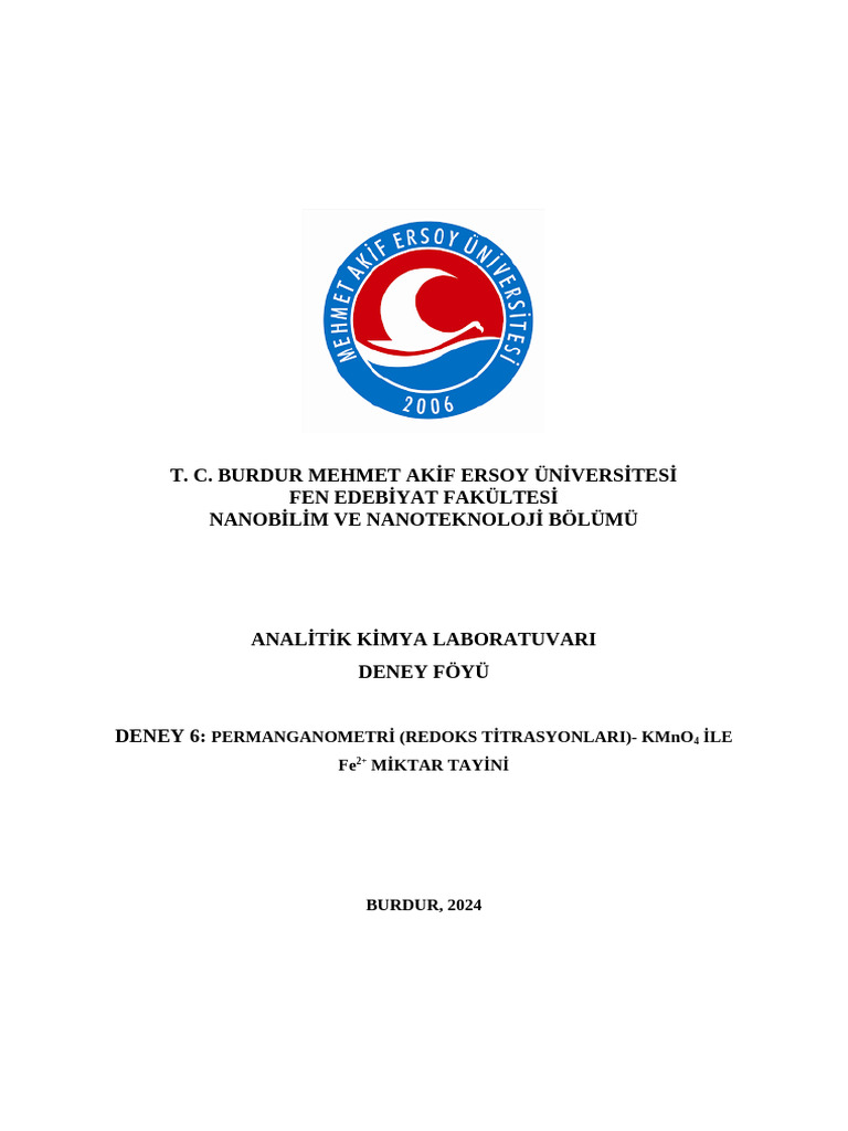 Analitik Kimya Deney 6 - PERMANGANOMETRİ (REDOKS TİTRASYONLARI) - KMnO4 İLE Fe2+ MİKTAR TAYİNİ | PDF