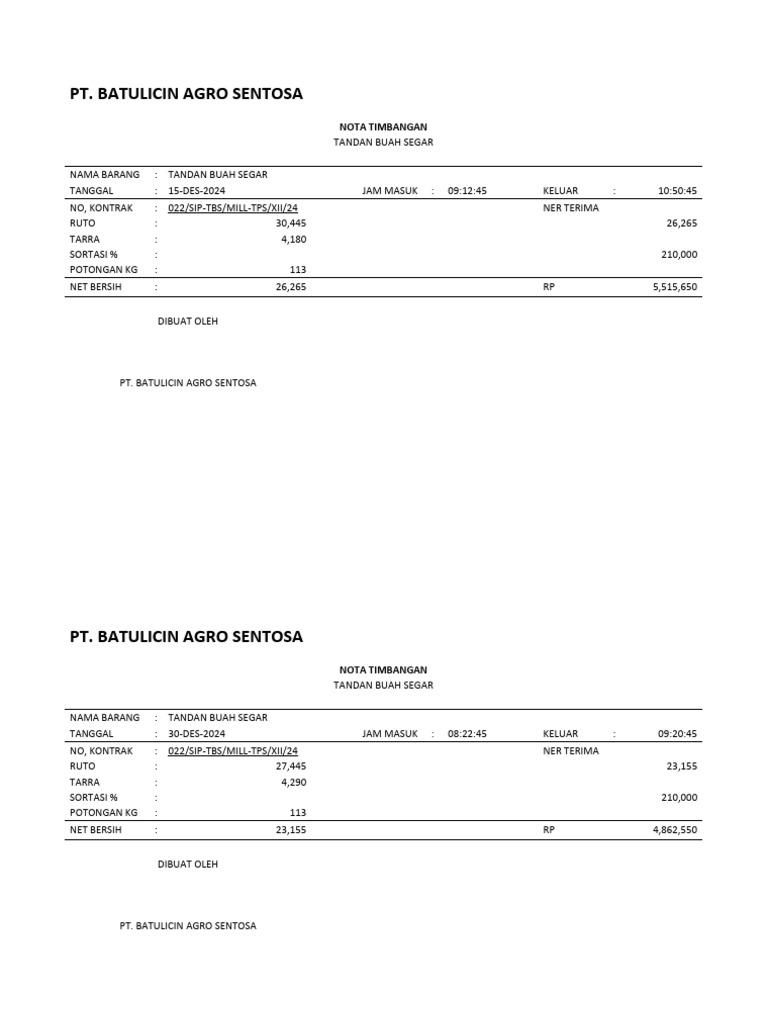 Nota Timbangan Tandan Buah Sawit | PDF