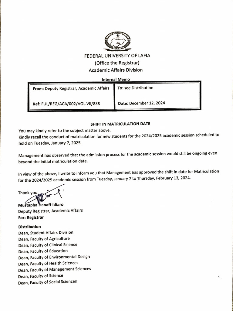 Shift in Matriculation Date | PDF