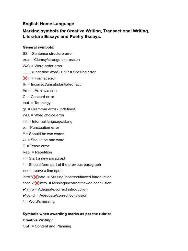 Writing Feedback Symbols Guide | PDF