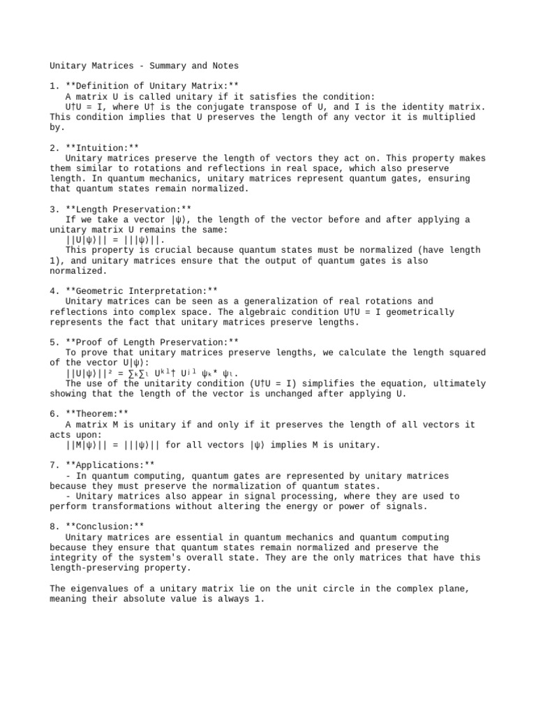 Unitary Matrices Summary Notes | PDF