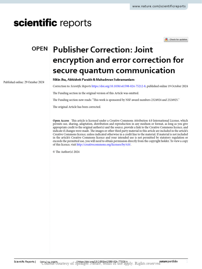Publisher Correction Joint Encryption and Error Co | PDF | Creative Commons License | License