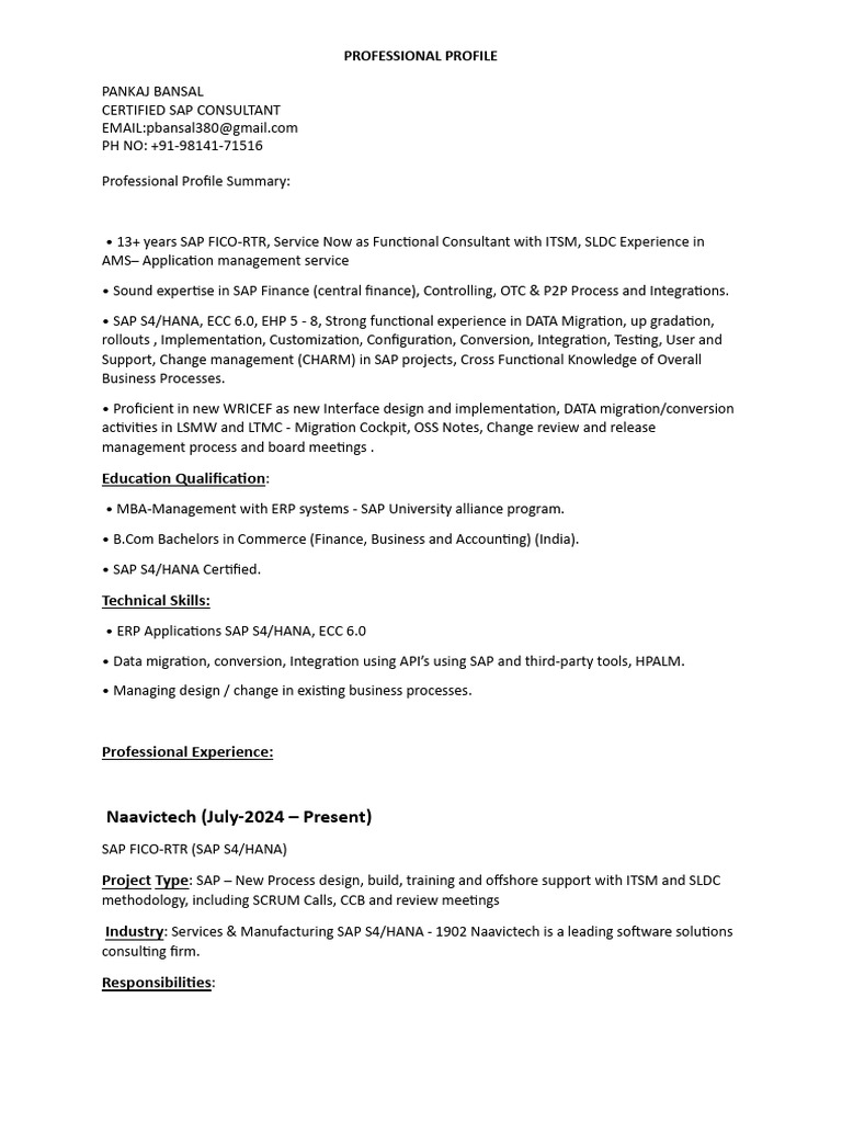SAP FICO Consultant Profile - Pankaj Bansal | PDF | Enterprise Resource ...