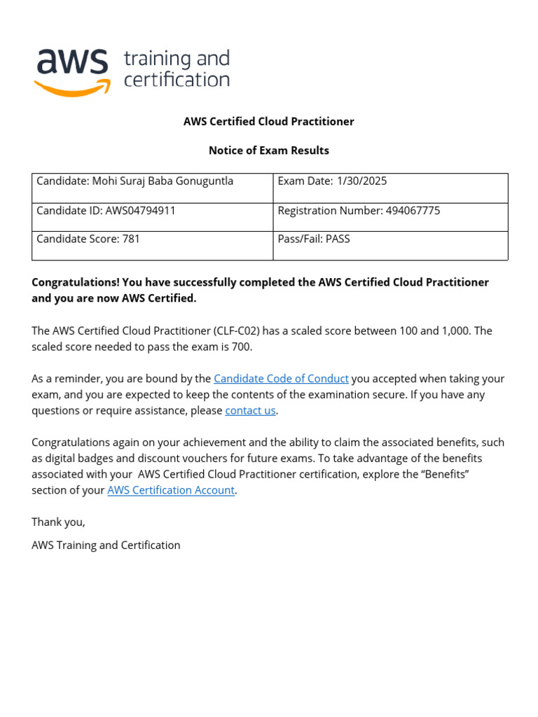 AWS Certified Cloud Practitioner Results | PDF | Information