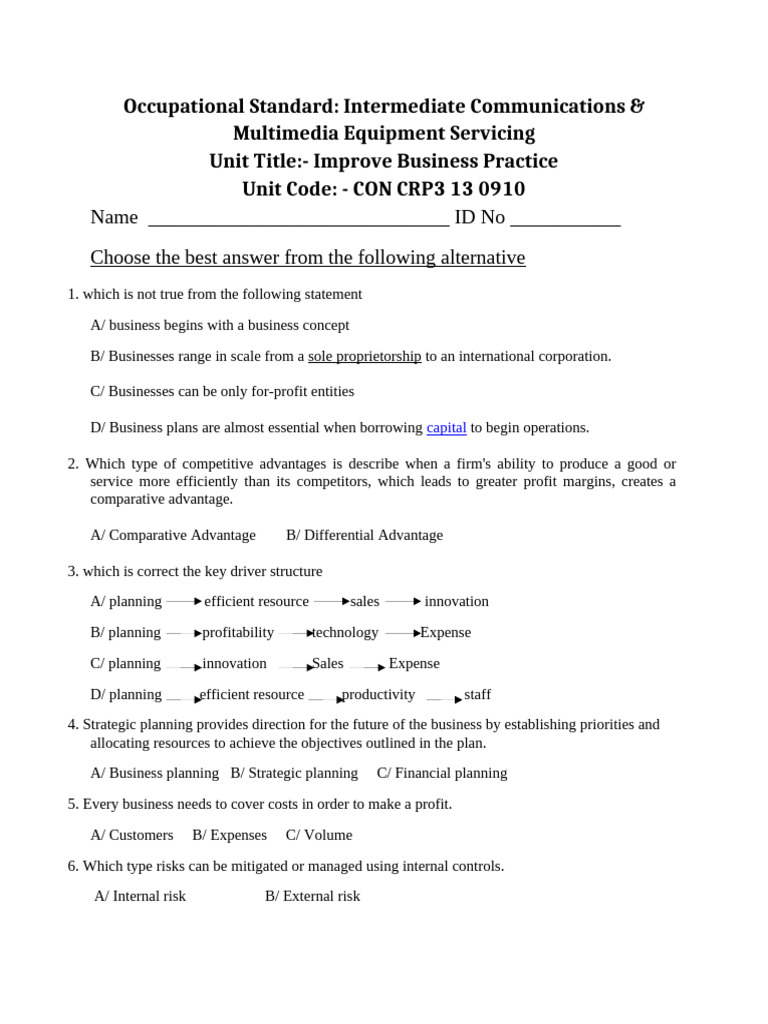 Business Practice Improvement Quiz | PDF