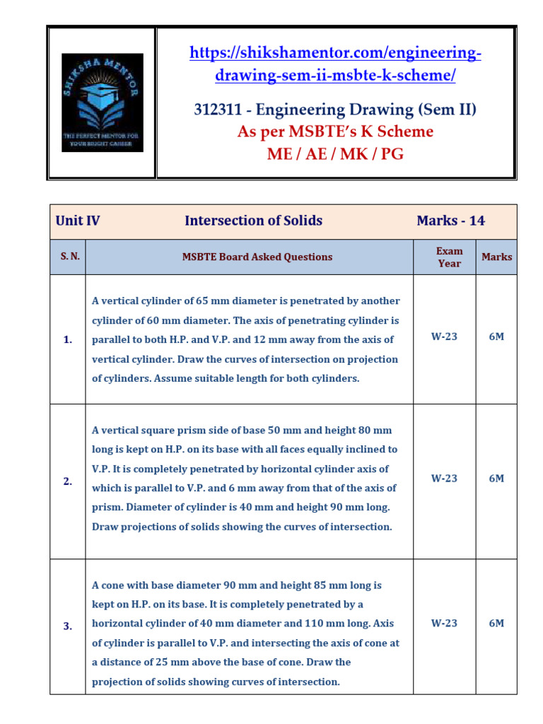 Unit IV Solids Intersection Question To Comprehend | PDF | Geometry | Geometric Shapes