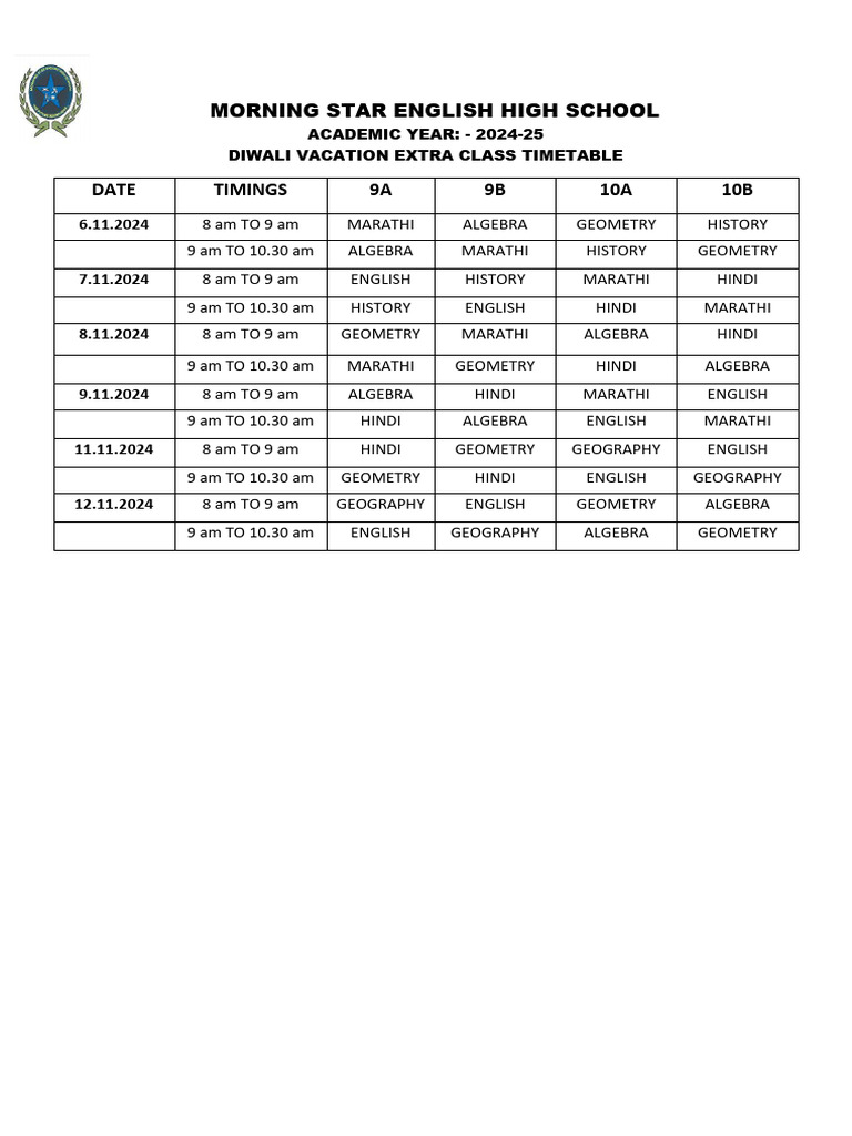 Diwali Vacation Extra Class Timetable | PDF