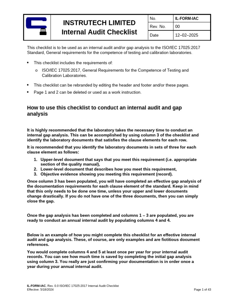 ISO 17025 Internal Audit Checklist | PDF | Verification And Validation ...