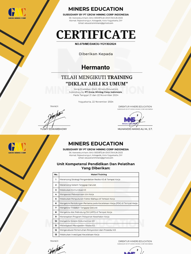Sertifikat Training - Diklat Ahli K3 Umum (Batch 19) - 21 Dan 22 ...