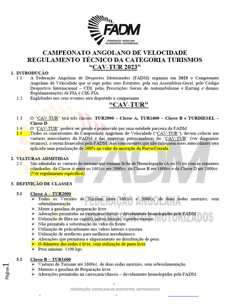 FADM - CAVTUR - REGULAMENTO TÉCNICO 2023 (Versao 1.1) | PDF | Turbocompressor | Corridas de ...