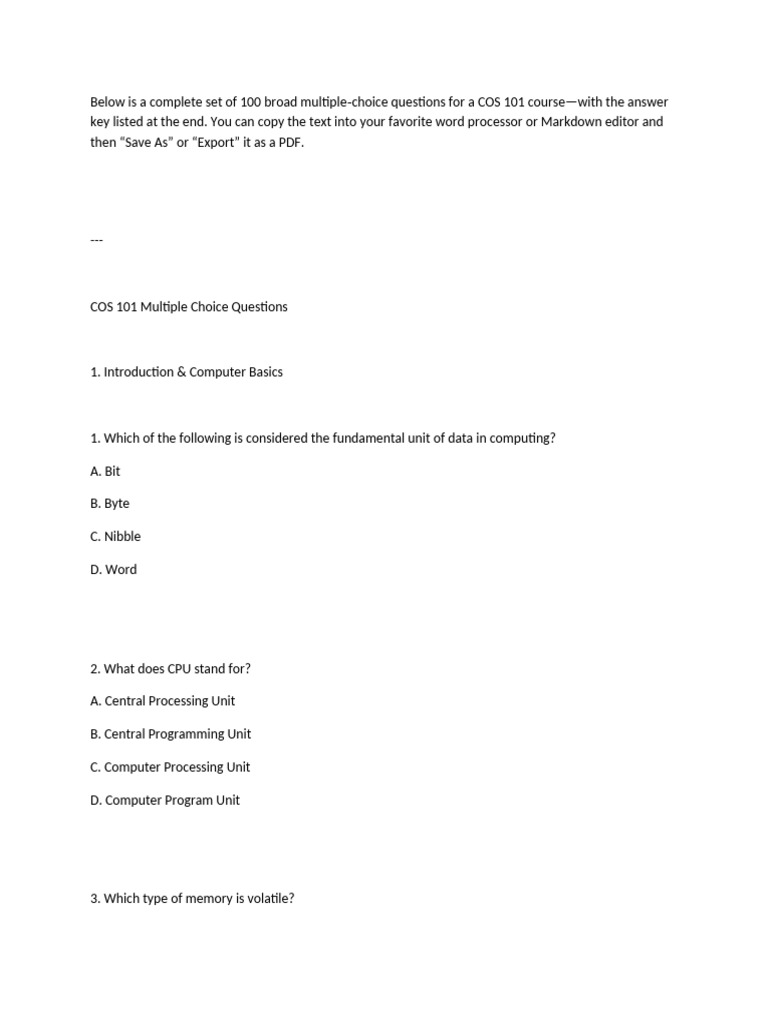 COS 101 MCQs with Answer Key | PDF | Operating System | Databases