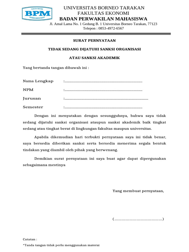 Surat Pernyataan Sanksi Organisasi | PDF