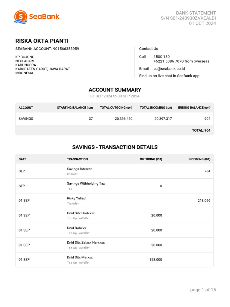 Seabank Statement 20241007 | PDF | Corporate Jargon | Personal Finance