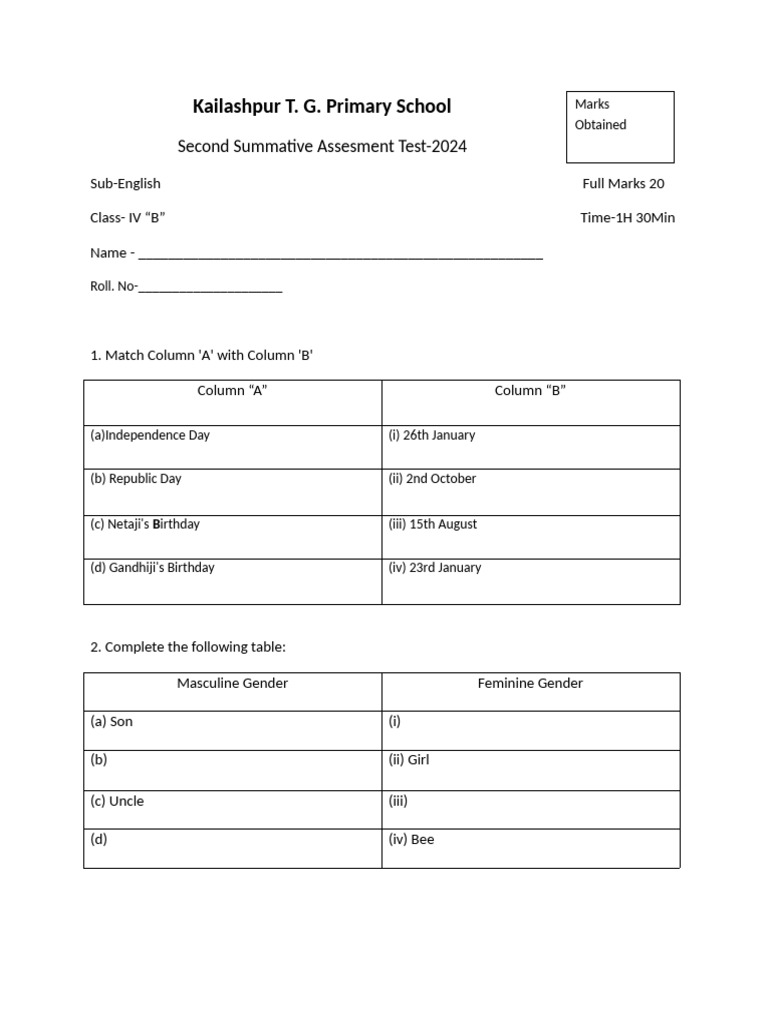Ssa Test 2024 Class 4 Eng | PDF