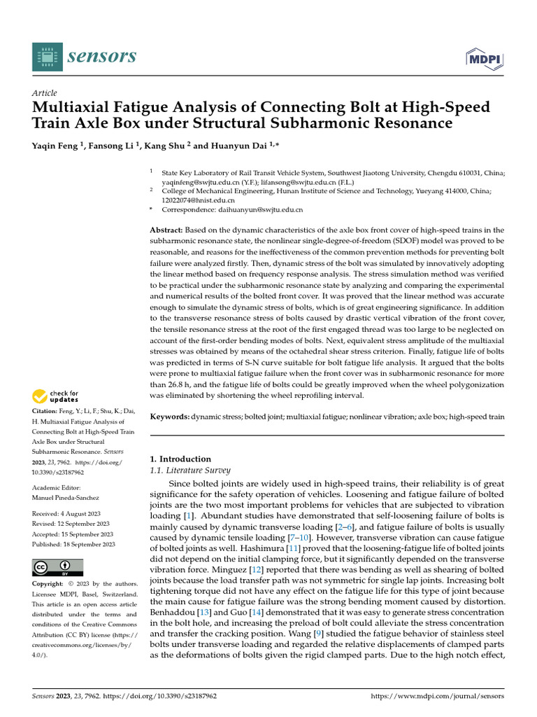 Multiaxial Fatigue Analysis of Connecting Bolt at High-Speed Train Axle ...