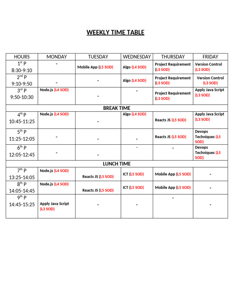 WEEKLY TIME TABLE FOR Alain | PDF