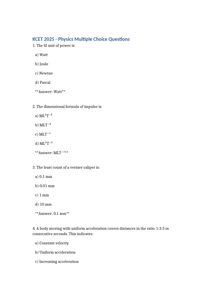 KCET 2025 Physics MCQs Complete | PDF | Force | Acceleration