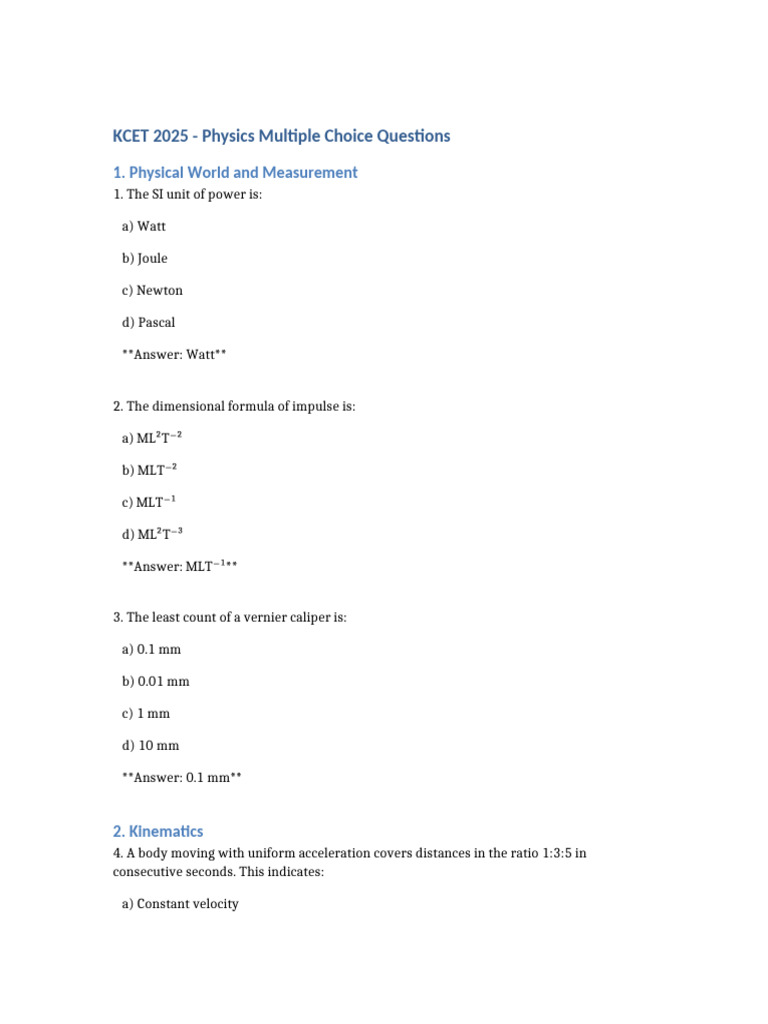 Kcet 2025 Physics Mcqs | PDF