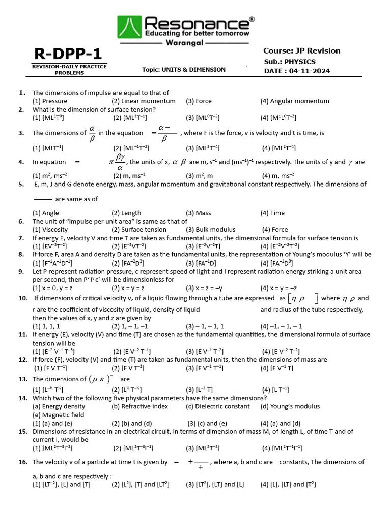DPP_PHY_DAY-1_UNITS & DIMENSION - 04-11-2024 | PDF | Physical Phenomena | Applied And ...