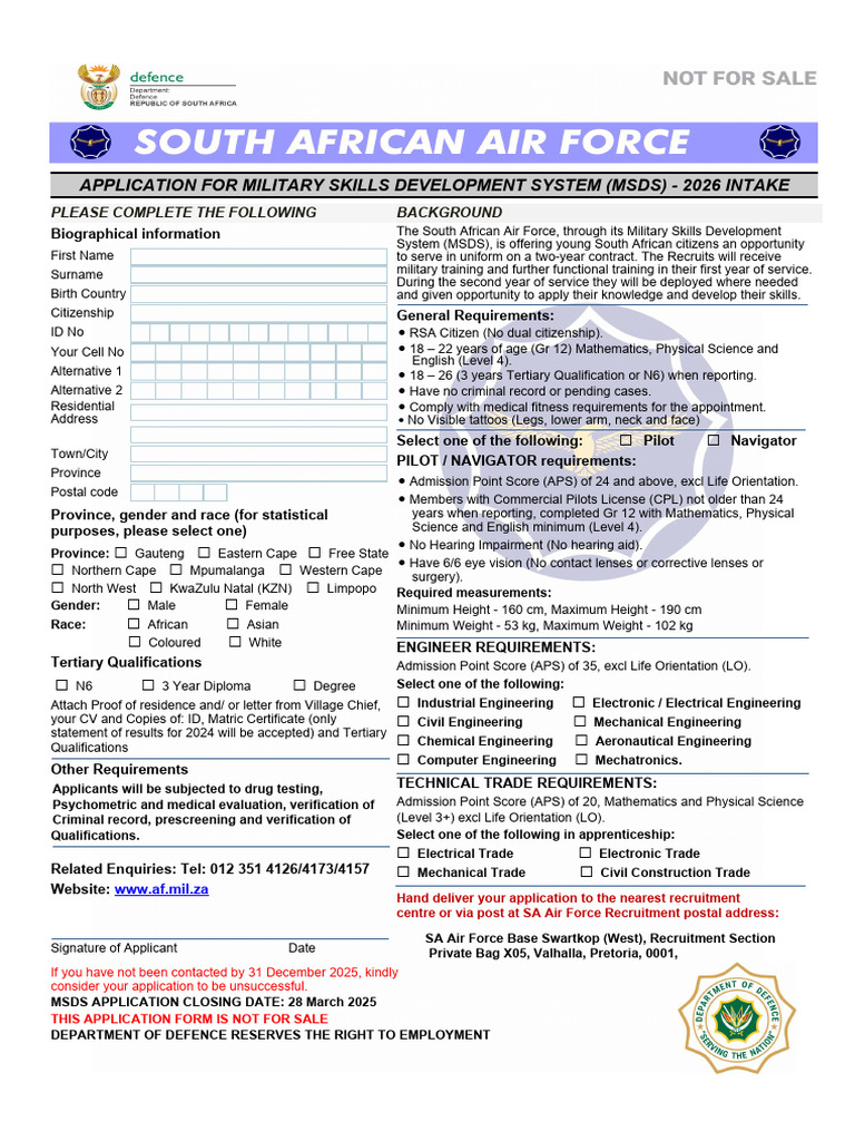 SA Air Force MSDS Application 2026 | PDF