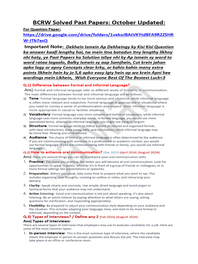 BCRW SOLVED Past Papers-October Updated | PDF