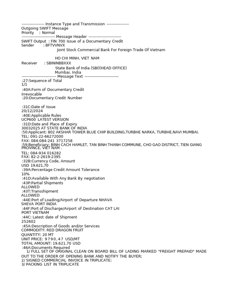 441879575 SAMPLE LC SWIFT MT700 ITFCvietnam XNK Standard Charterbank ...