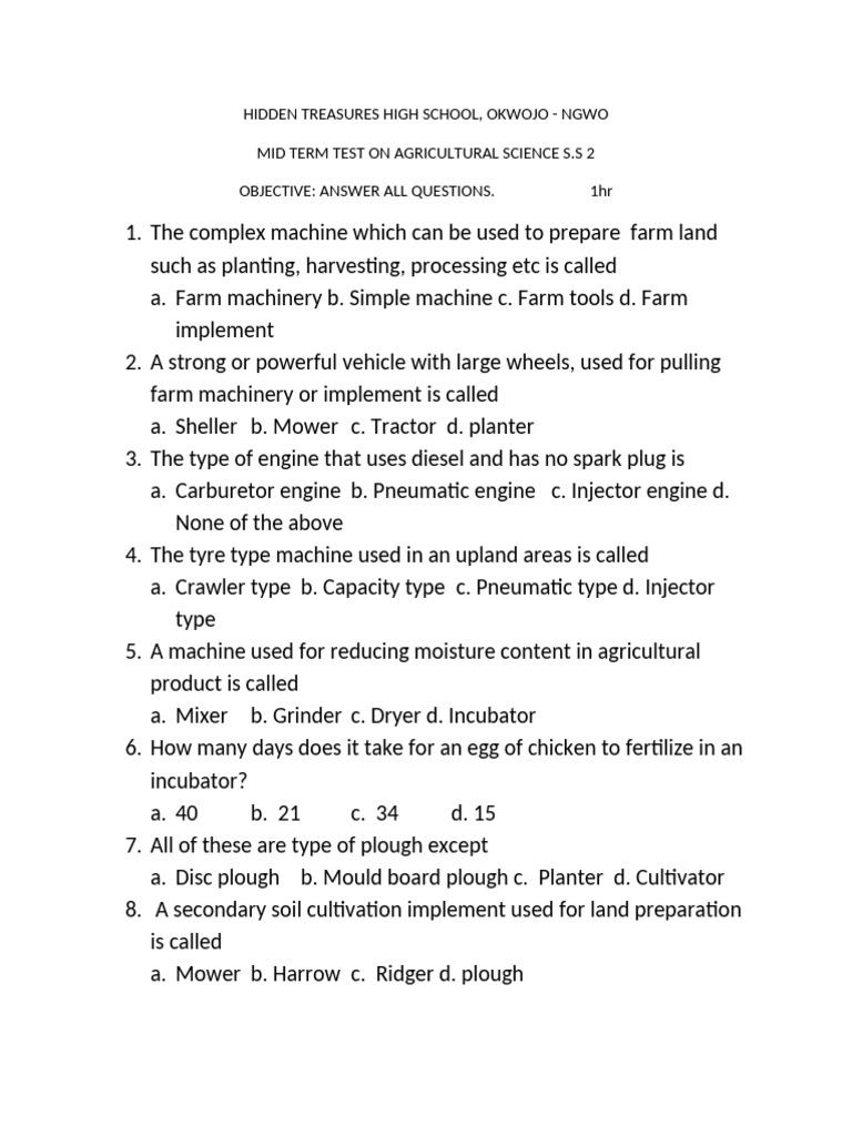 Agricultural Science Midterm Test | PDF