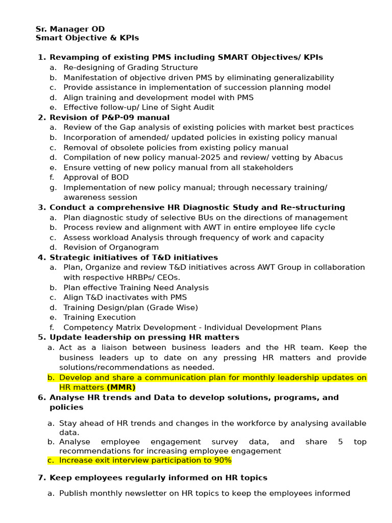 SM OD & HRBP Objectives and KPIs | PDF | Business