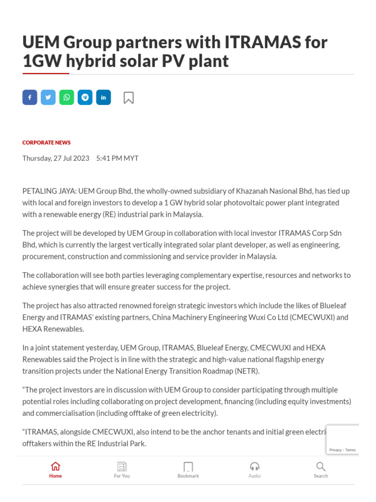 UEM Group Partners With ITRAMAS For 1GW Hybrid Solar PV Plant - The ...