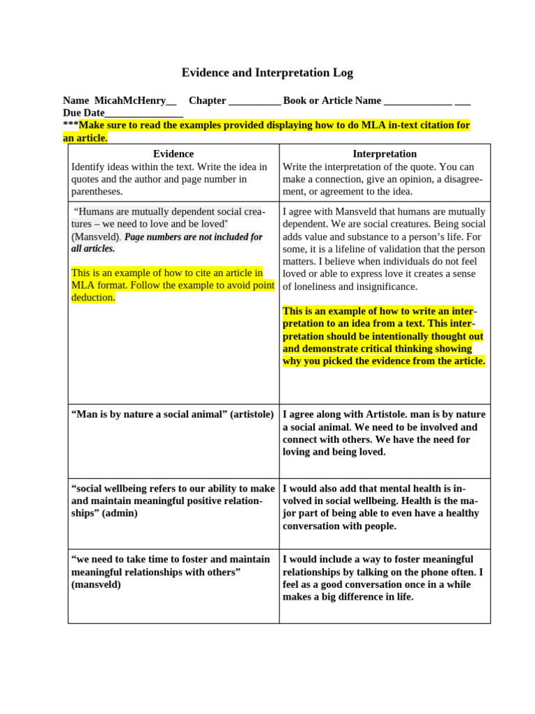 Evidence and Interpretation Log Guide | PDF | Social Psychology ...