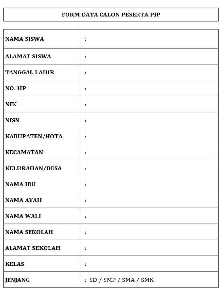 Form pengajuan Bantuan PIP | PDF