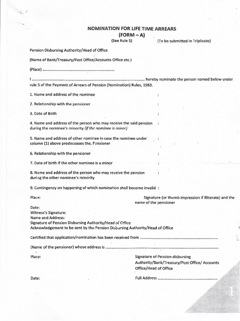 Nomination For Life Time Arrears (Form-A) For Retd. Employee | PDF