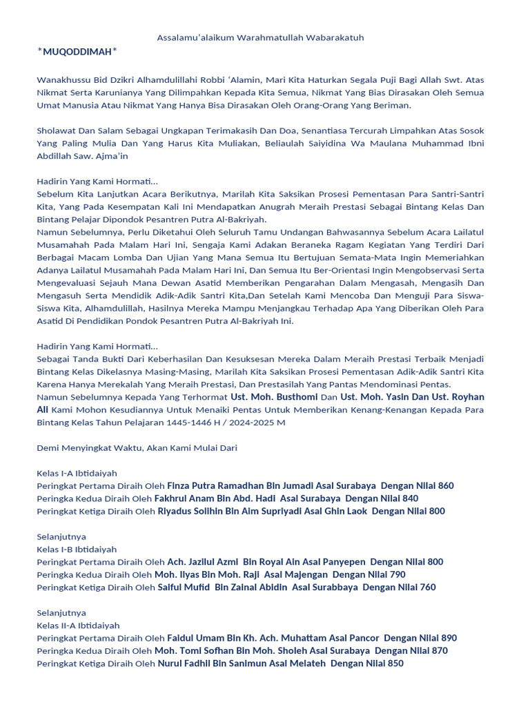 Teks MC Rangking Kelas Imtihan 2024 | PDF