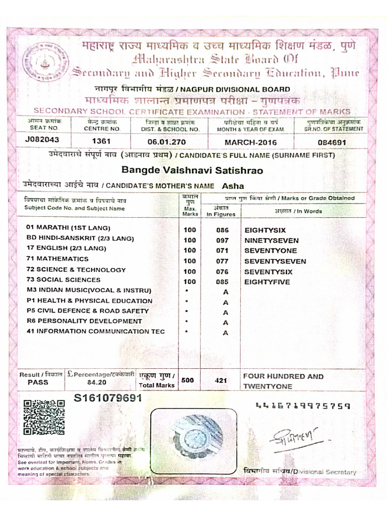 Vaishnavi Bangde 10th Marksheet | PDF