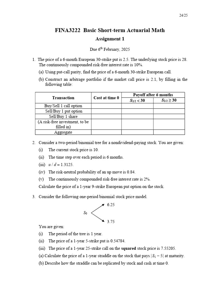 Actuarial Math Assignment 1 Solutions | PDF | Option (Finance) | Investing