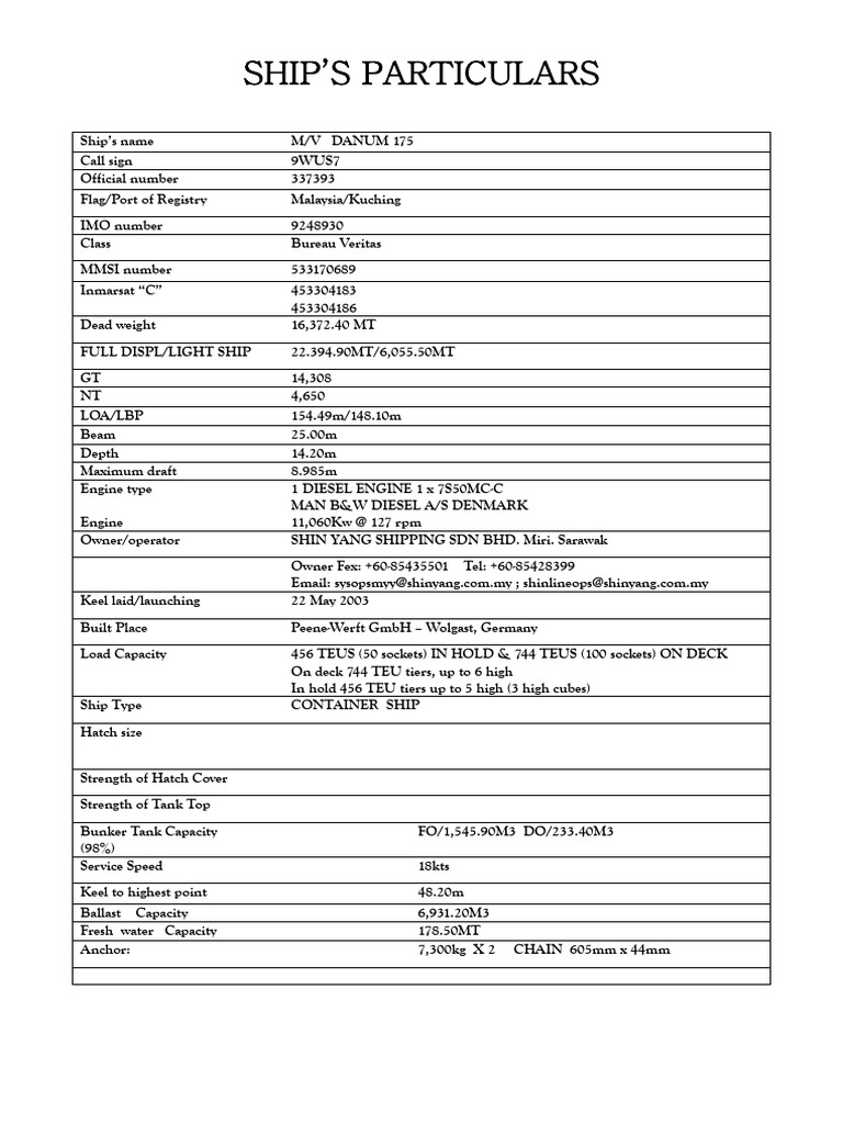 8.danum 175 Ship Particulars | PDF