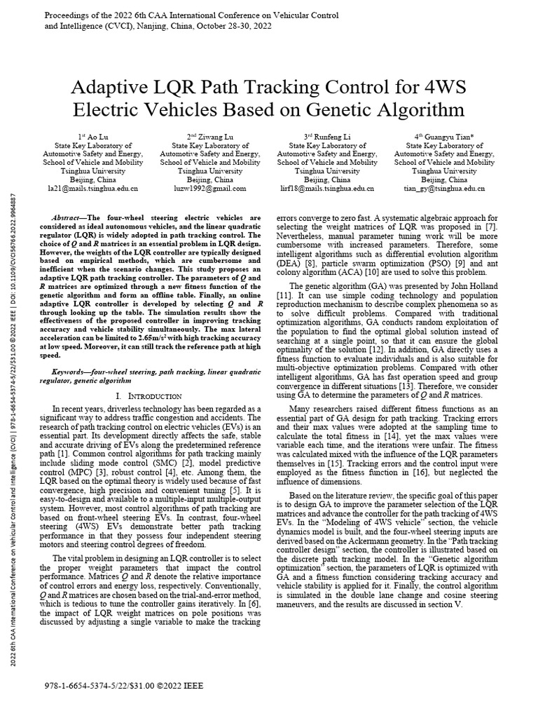 Adaptive LQR Path Tracking Control For 4WS Electric Vehicles Based On Genetic Algorithm | PDF ...