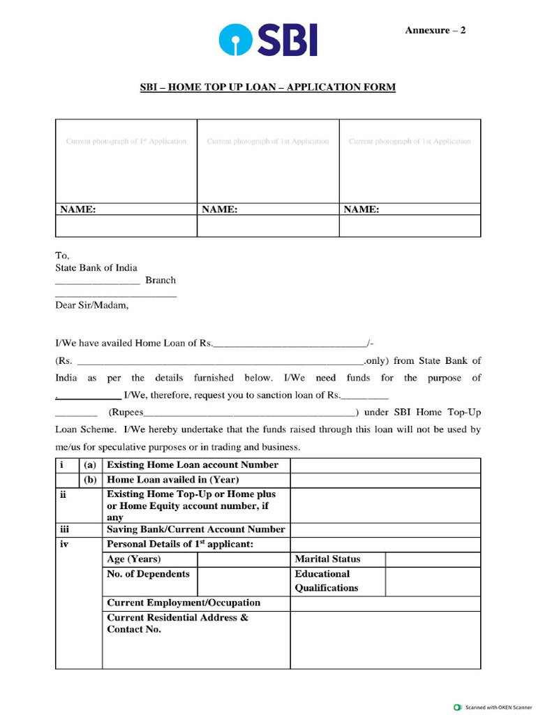 Sbi Home Top Up Loan Latest Application Fillable | PDF