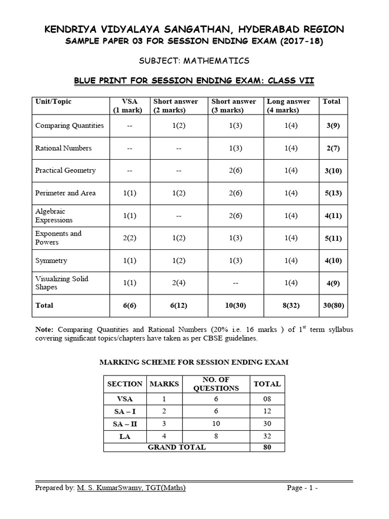 Class VII Mathematics Sample Paper 2017-18 | PDF | Mathematics ...