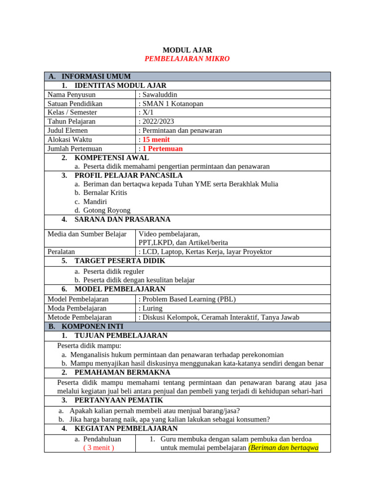 Modul Ajar Permintaan Dan Penawaran | PDF