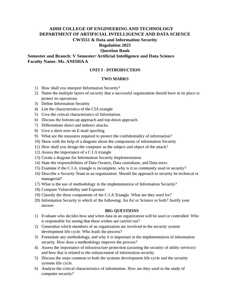 Data and Information Security - CW3551 Question Bank | PDF | Transport ...