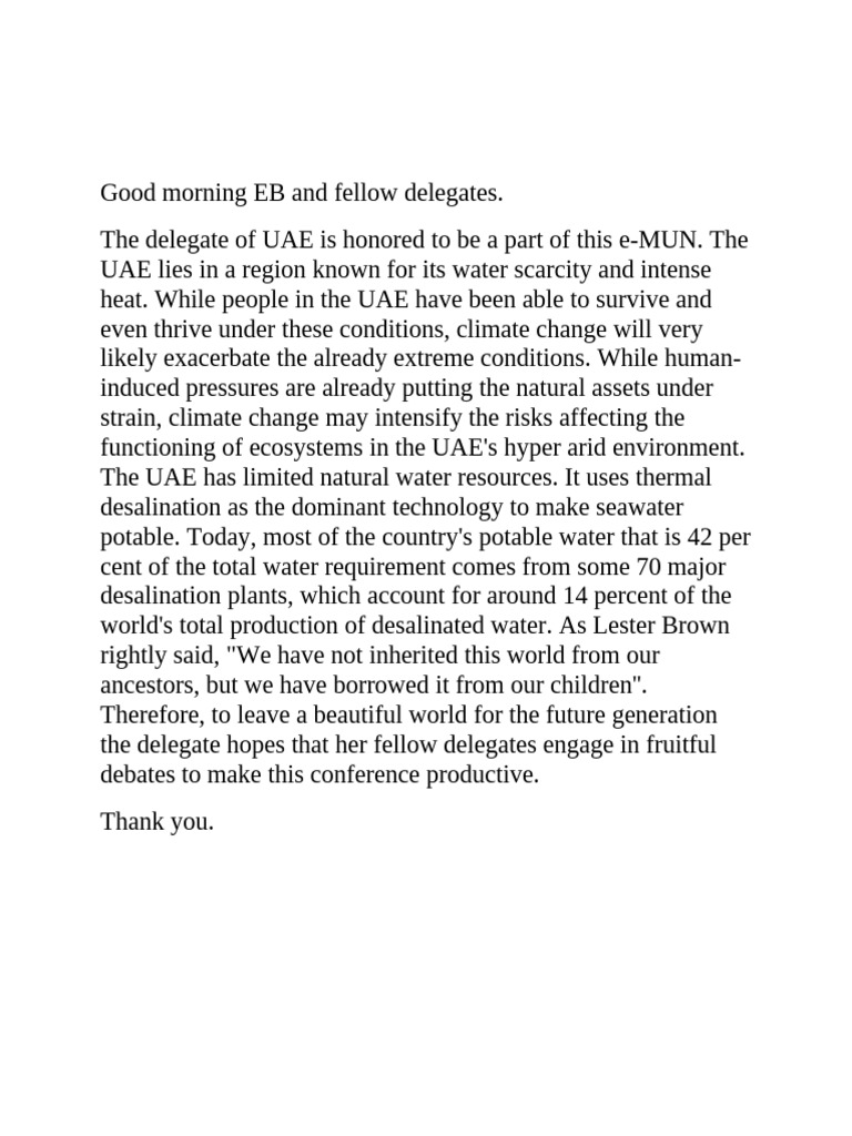 UAE's MUN Opening Speech on Climate Action | PDF