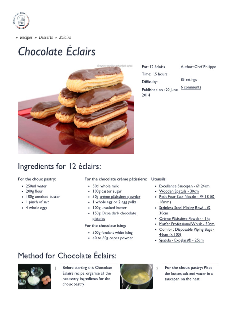 Chocolate Éclairs - Our Recipe With Photos - Meilleur Du Chef | PDF | Custard | Chocolate