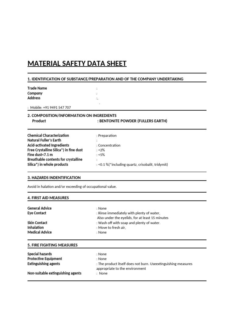 MSDS Bentonite Powder DHL | PDF | Chemistry | Physical Sciences