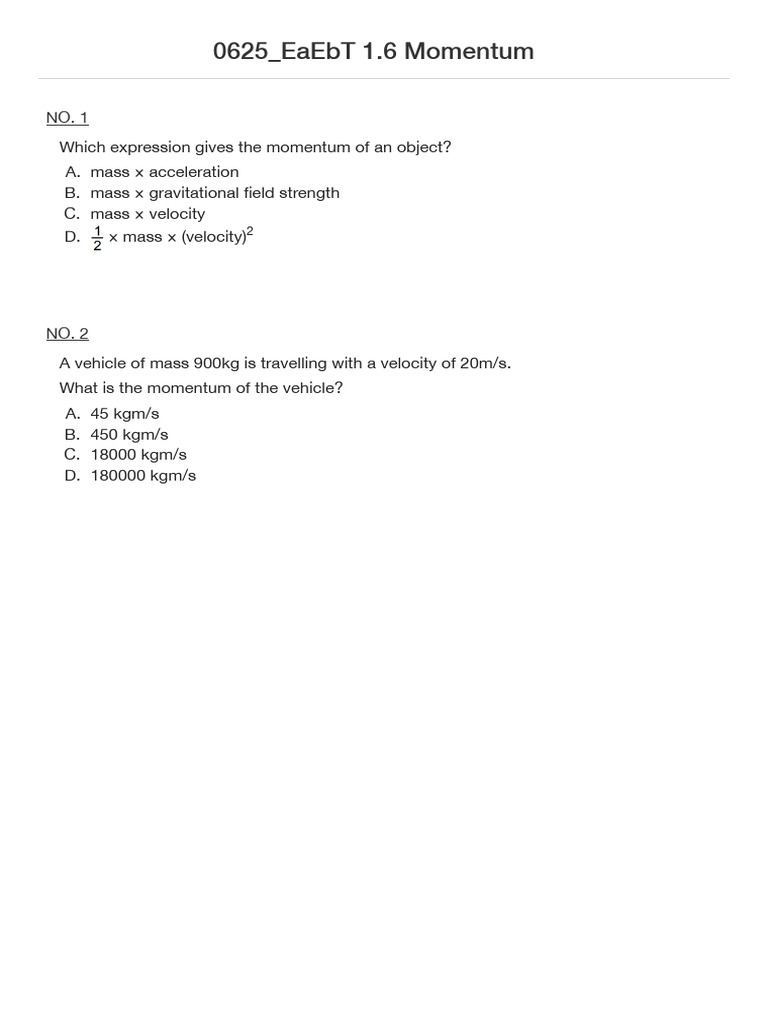 Momentum Calculations and Problems | PDF | Mass | Momentum