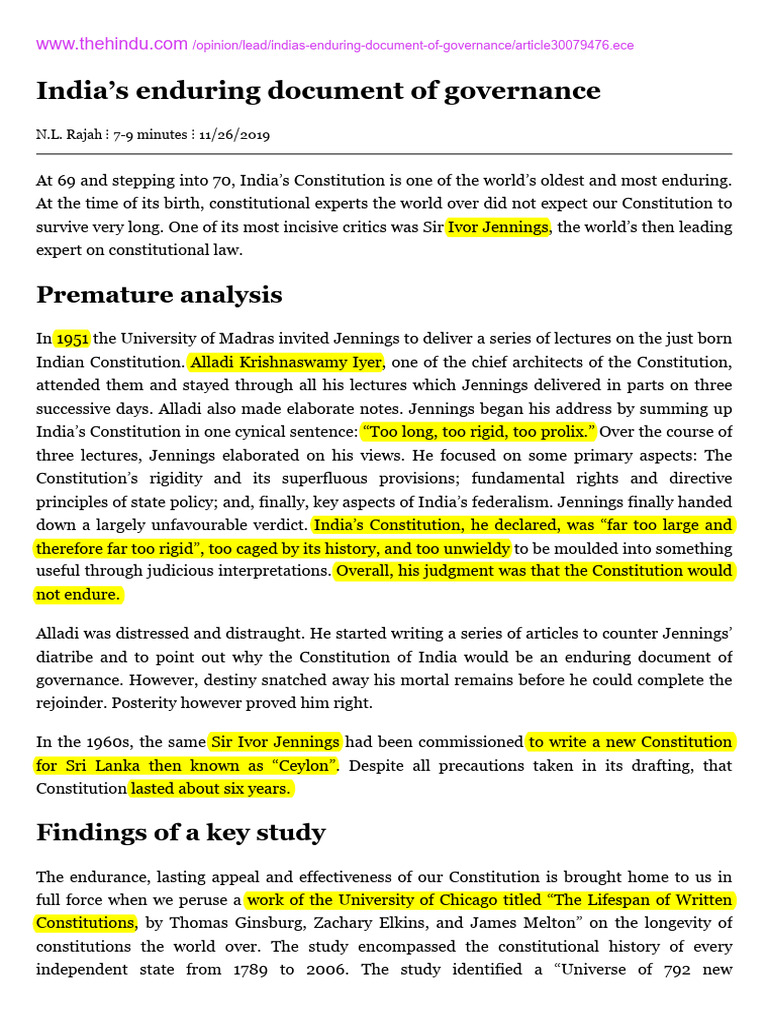 Classroom 1 Constitution Indias Enduring Document of Governance | PDF ...