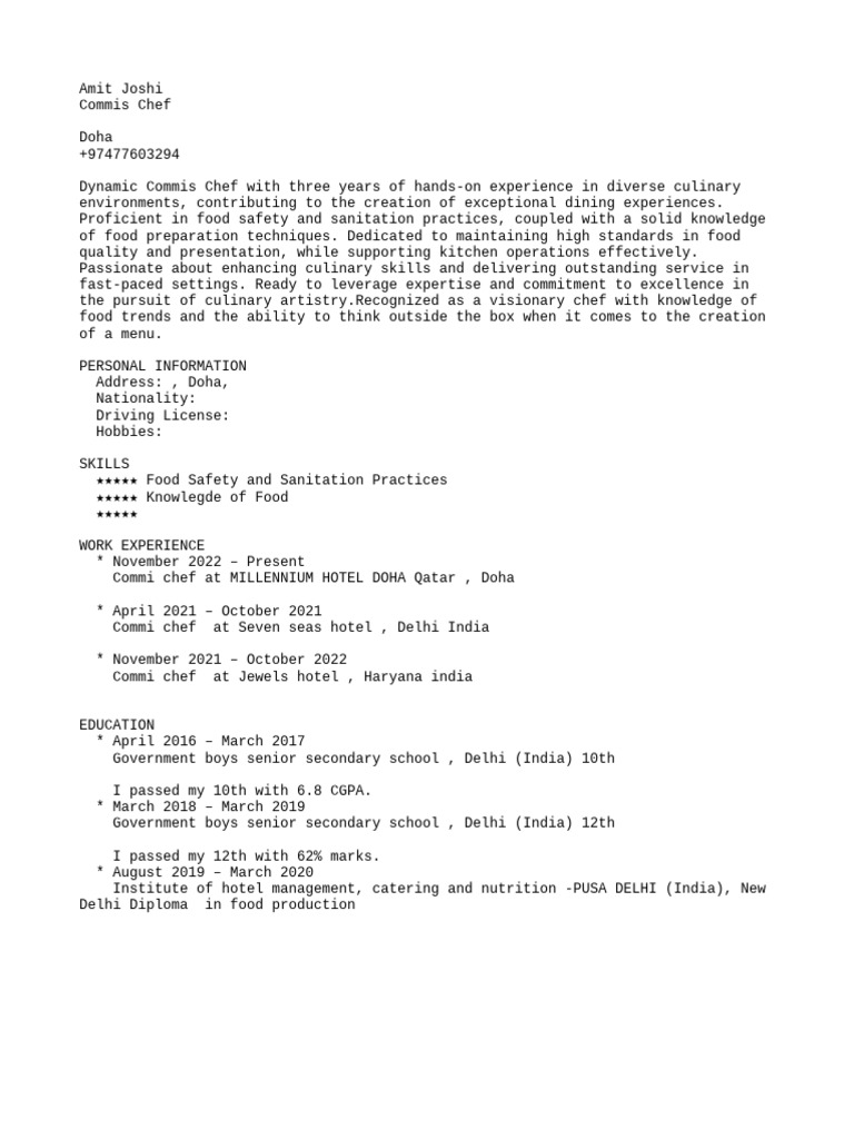 Amit Joshi - Resume - Commis Chef | PDF