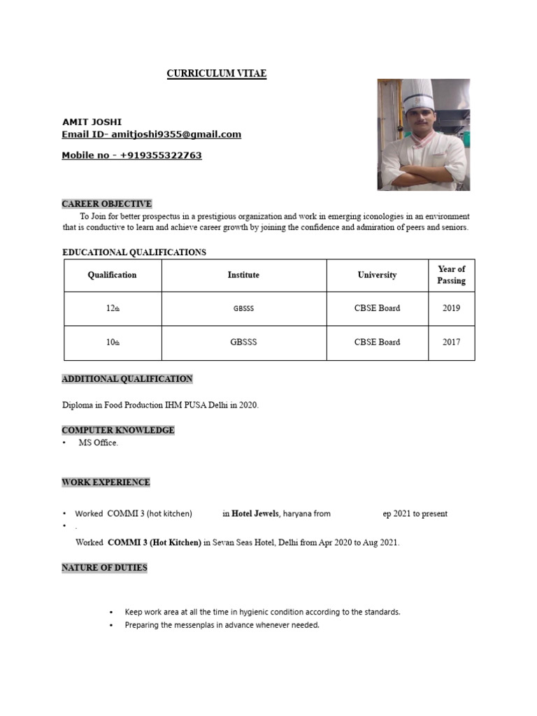 Curriculum Vitae Amit | PDF | Chef