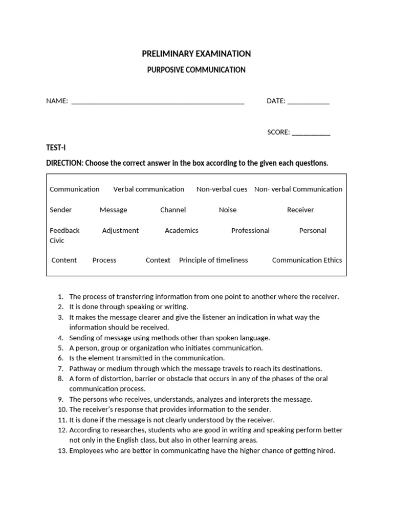 PRELIMINARY EXAMINATION- PURPOSIVE | PDF | Communication | Cognition