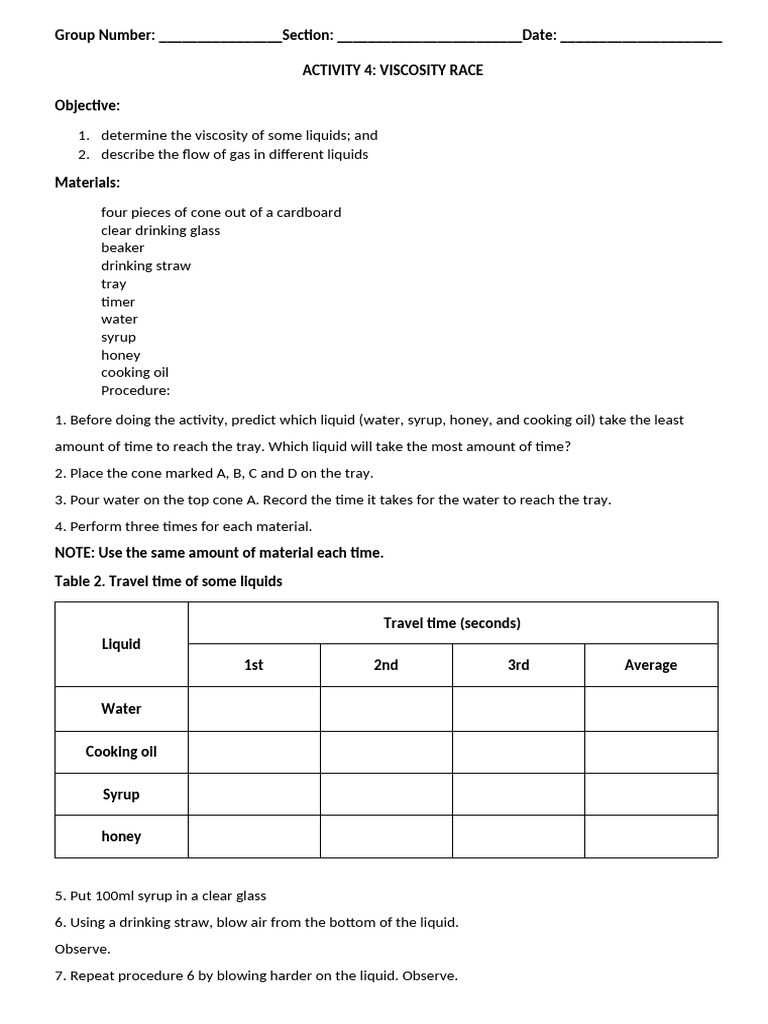 Viscosity Race Experiment Guide | PDF | Liquids | Viscosity